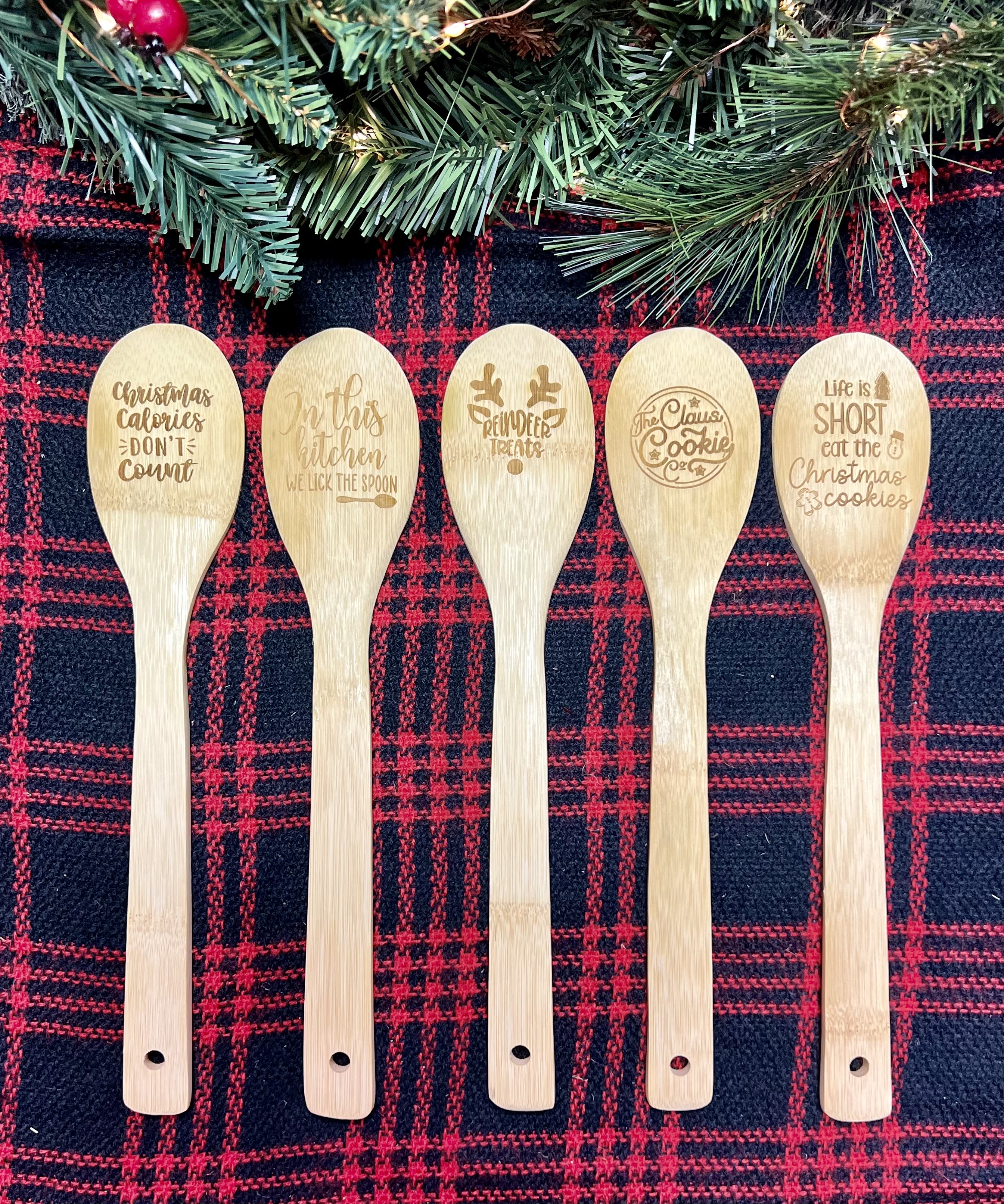 Engraved Holiday Bamboo Spoons – Fun Christmas Baking Spoons – Burnin ...